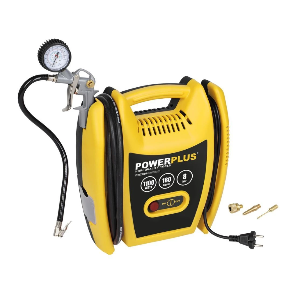 PowerPlus compressor olievrij 230V 1100W 8 bar 180l/min - set met 3m ...