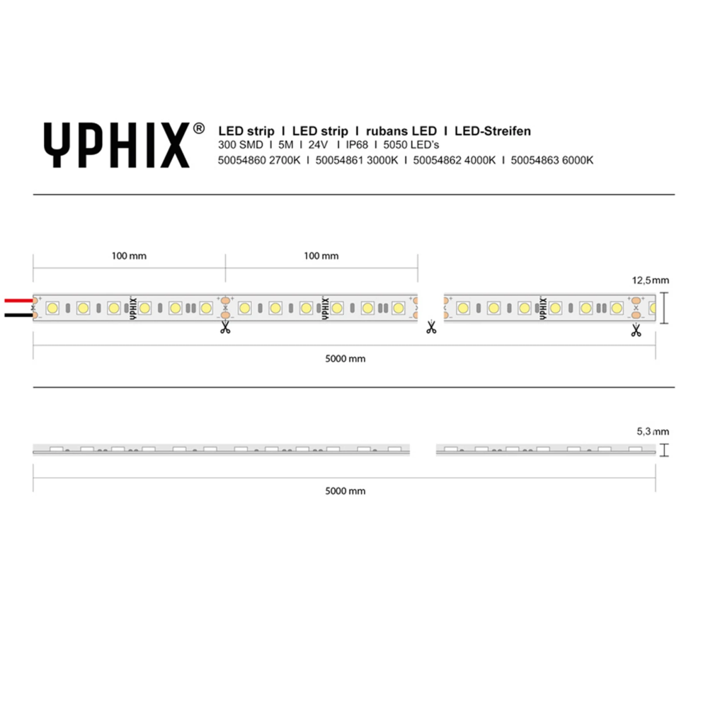 Yphix LED strip 24V warm wit 3000K 300 SMD 5050 LEDS IP68 - 5 meter ...