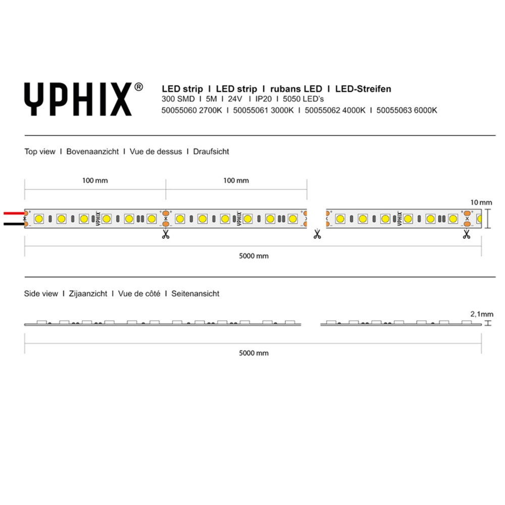 Yphix LED strip 24V dag licht 6000K 300 SMD 5050 LEDS IP20 - 5 meter ...